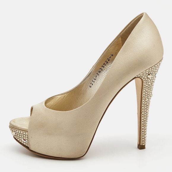 Gina | Shoes | Gina Beige Satin Crystal Embellished Heel Peep Toe ...